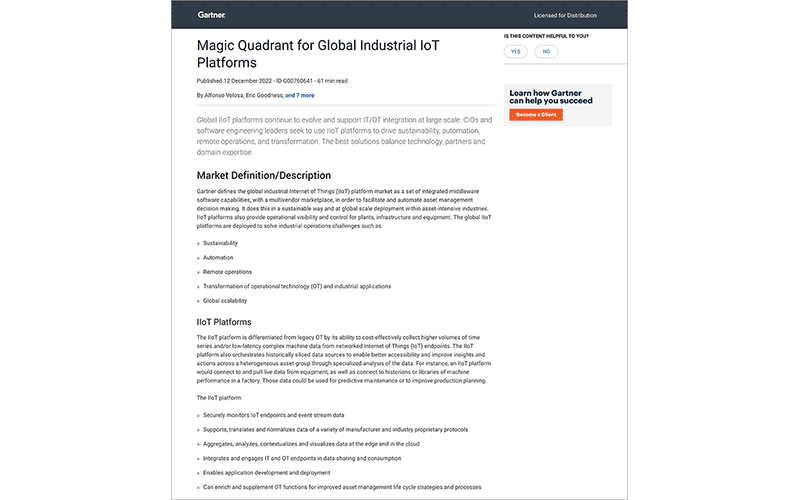 Gartner® Magic Quadrant™ for Global Industrial IoT Platforms Gartner® Magic Quadrant™ for Global Industrial IoT Platforms
